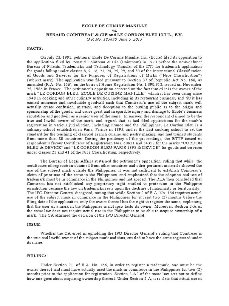 Ecole de Cuisine Manille vs. Renaud Cointreau & Cie and Le Cordon Bleu ...
