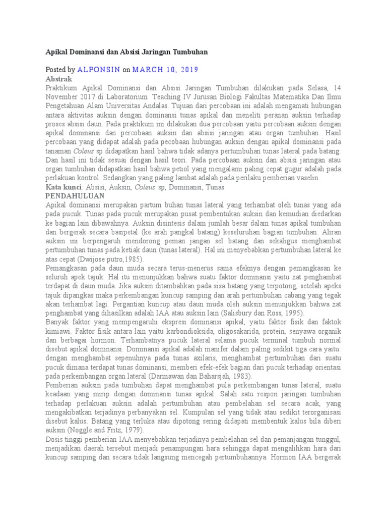 Apikal Dominansi Dan Absisi Jaringan Tumbuhan | PDF