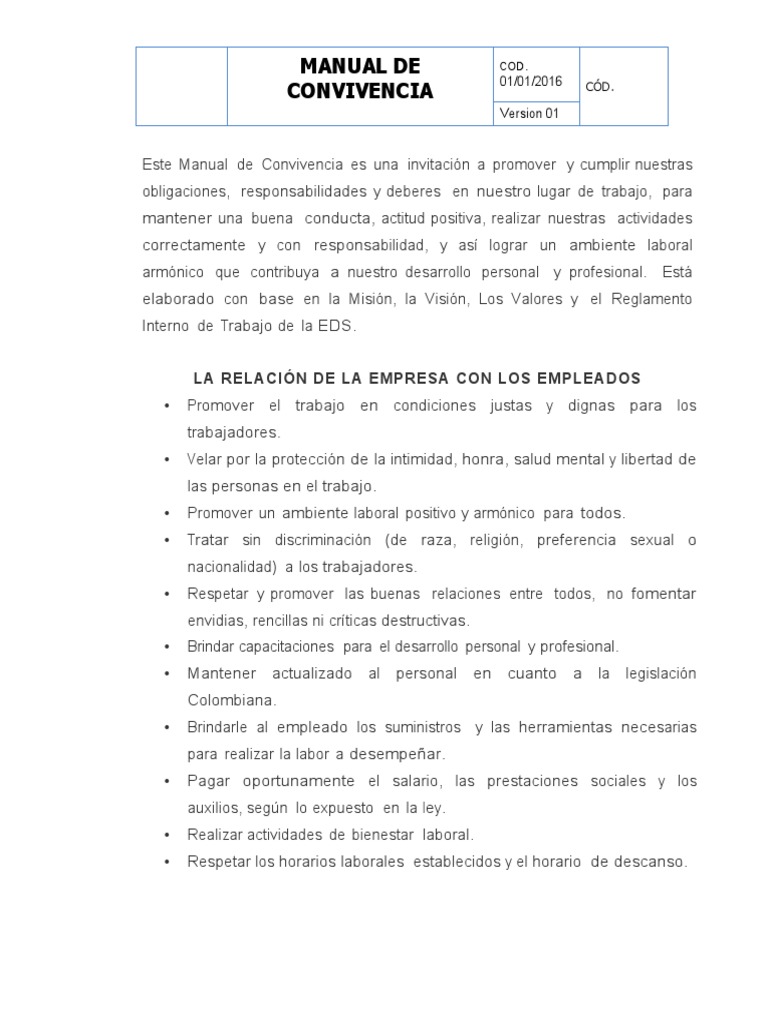 Ejemplo Manual De Convivencia Pdf Derecho Laboral Internet