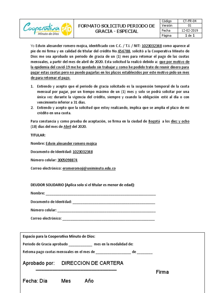 Formato Solicitud Periodo de Gracia - Especial | PDF | Crédito | Finanzas y administración del ...