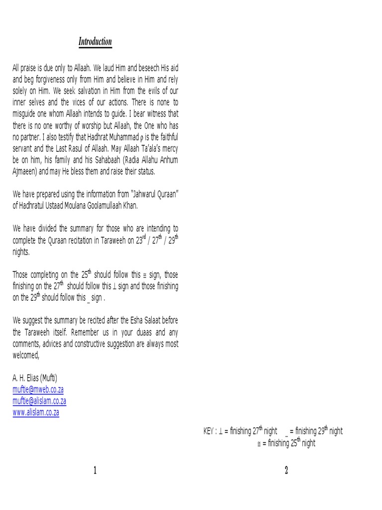 Taraweeh - Summary M Afzal Elias PDF | PDF | Jihad | Surah