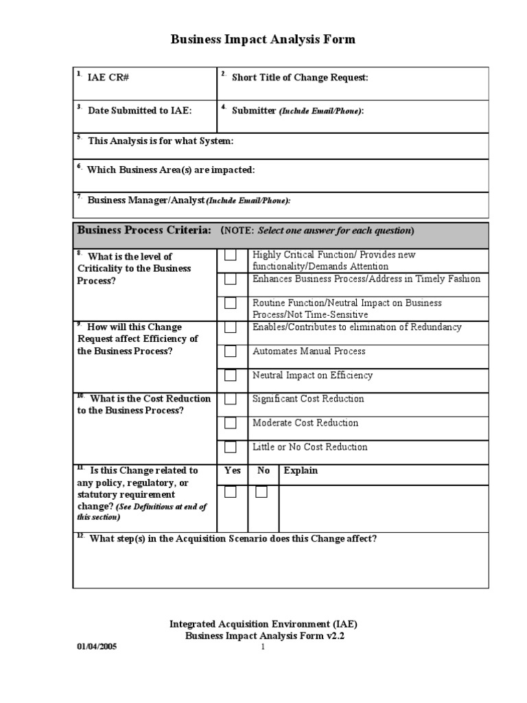 Business Impact Analysis Form | PDF | Business Process | Business