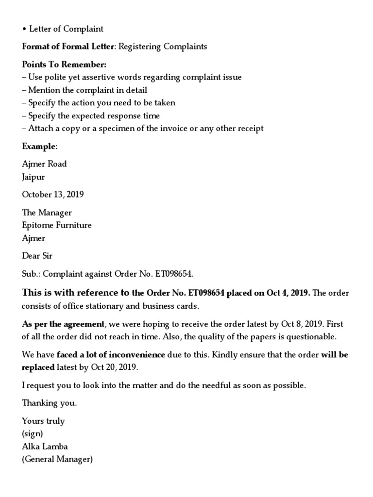 Letter of Complaint (Demanding Refund or Repair) | PDF