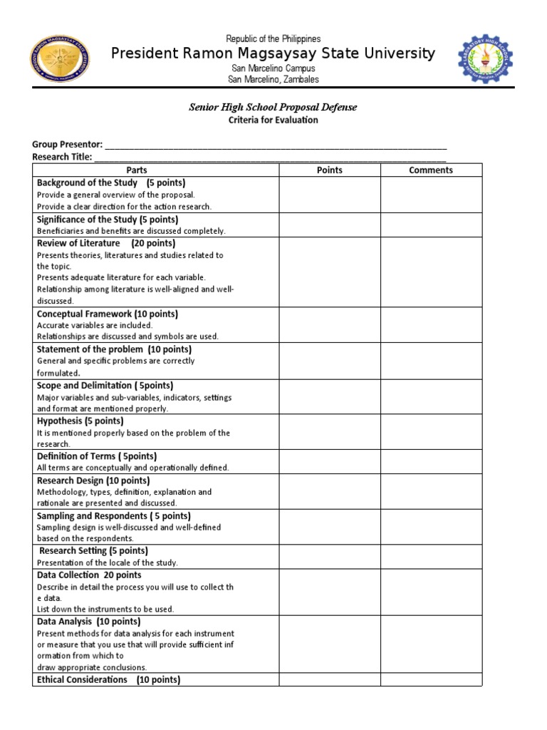 RMPSU SHS Proposal Defense Criteria | PDF | Data Analysis | Evaluation