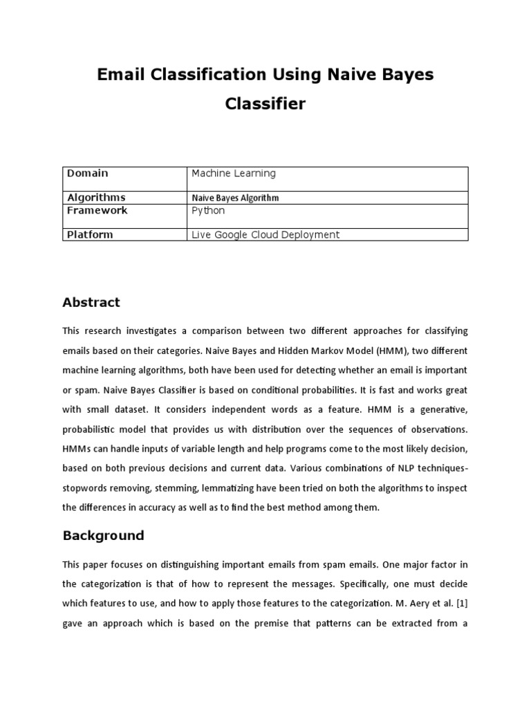 Email Classification Using Naive Bayes Classifier Domain Algorithms Framework Platform