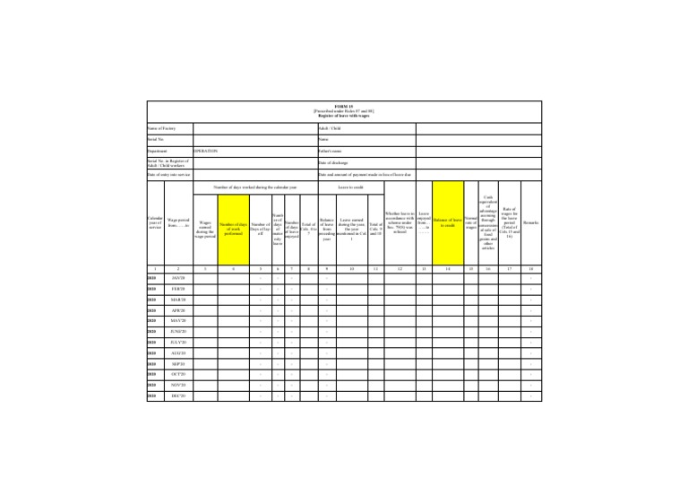 Form-15 Leave With Wage Register Format | PDF | Economies | Labour