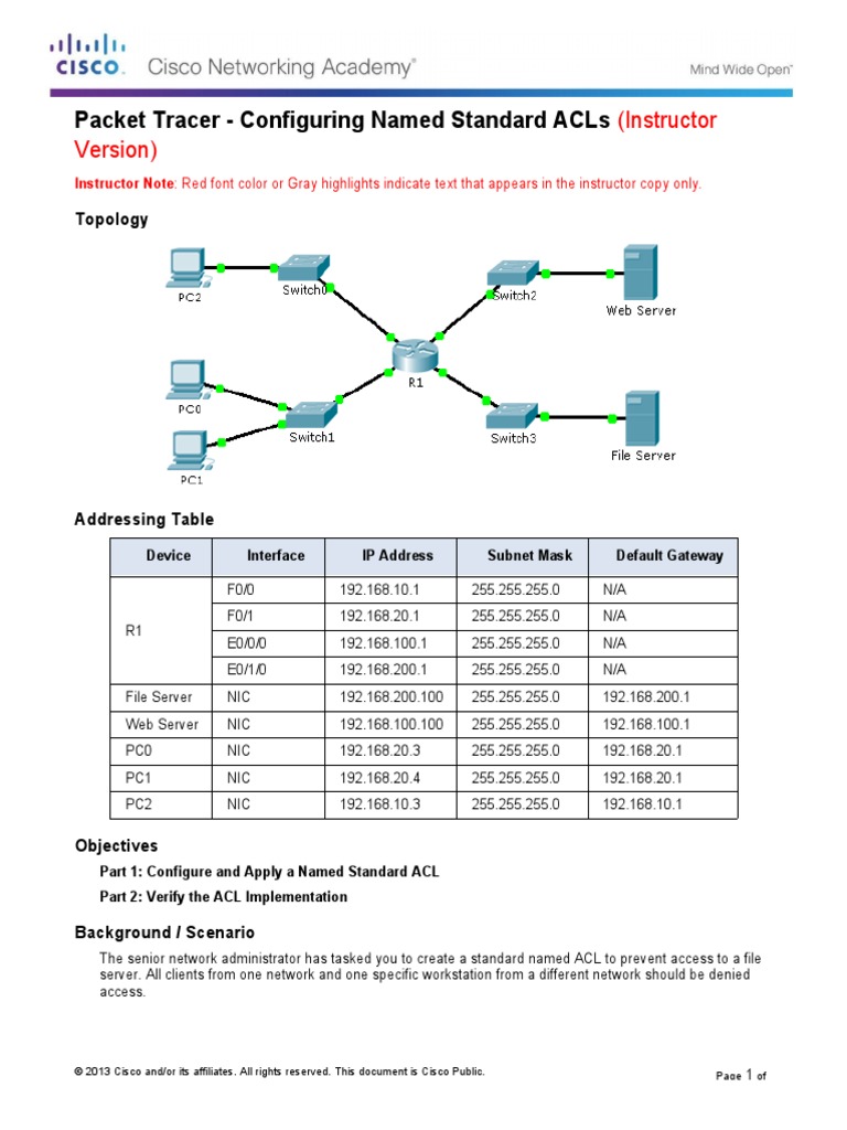Packet Tracer - Configuring Named Standard Acls: (Instructor Version) | PDF | Network Interface ...