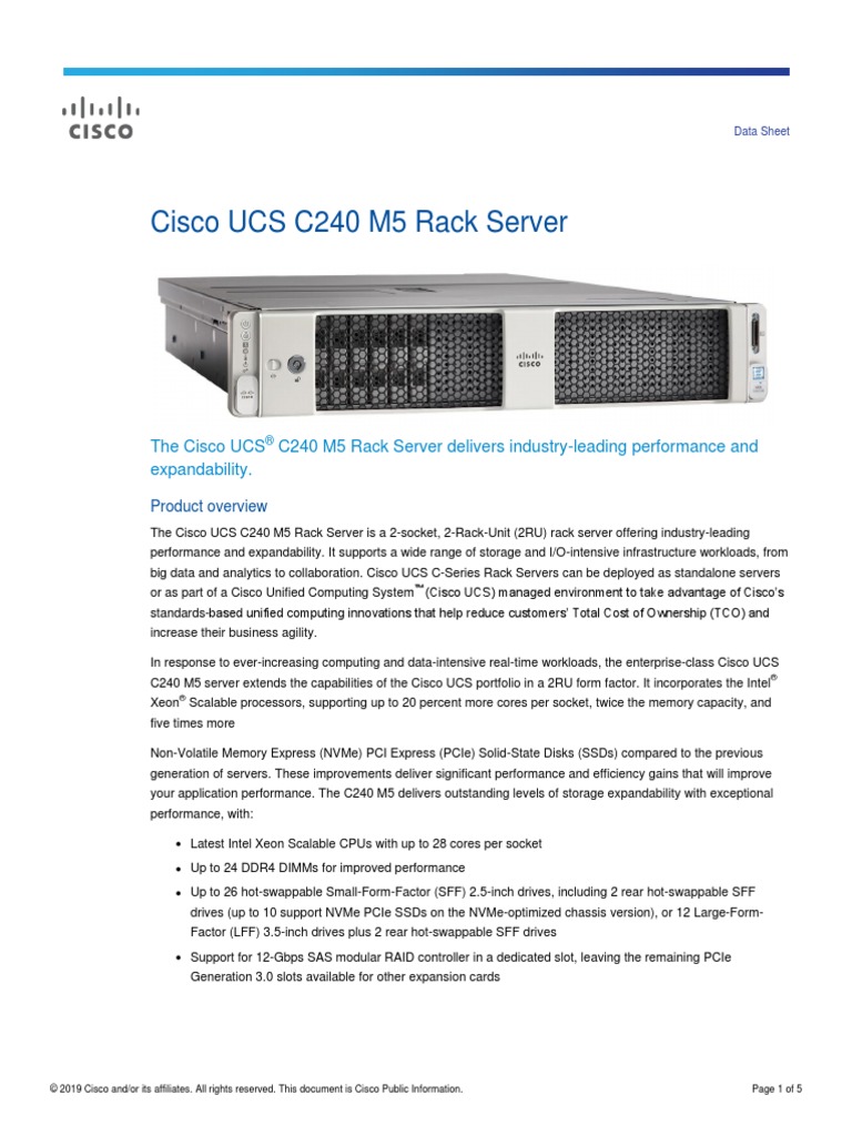 Cisco UCS C240 M5 Datasheet | PDF | Solid State Drive | Hard Disk Drive