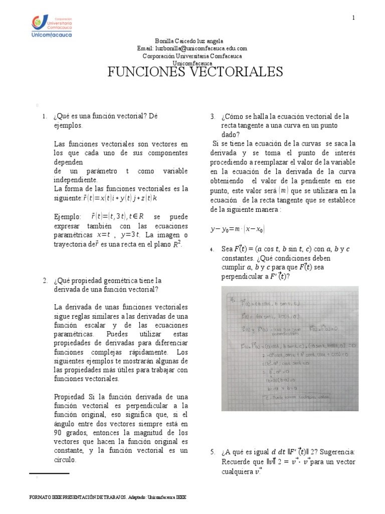 Taller de Funciones Vectoriales de Entrega | PDF | Vector Euclidiano | Derivado