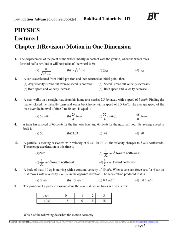 Physics Chapter 1 (Revision) Motion in One Dimension: Bakliwal ...