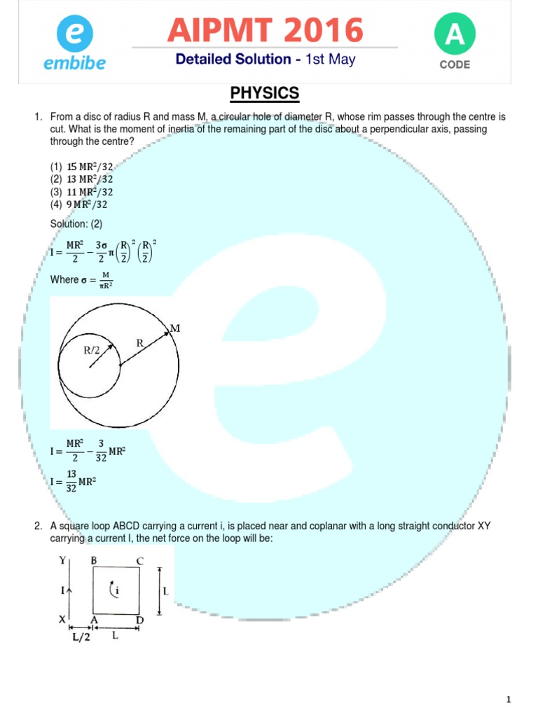AIPMT 2016 Solution Code A PDF | PDF | Acceleration | Conformational Isomerism
