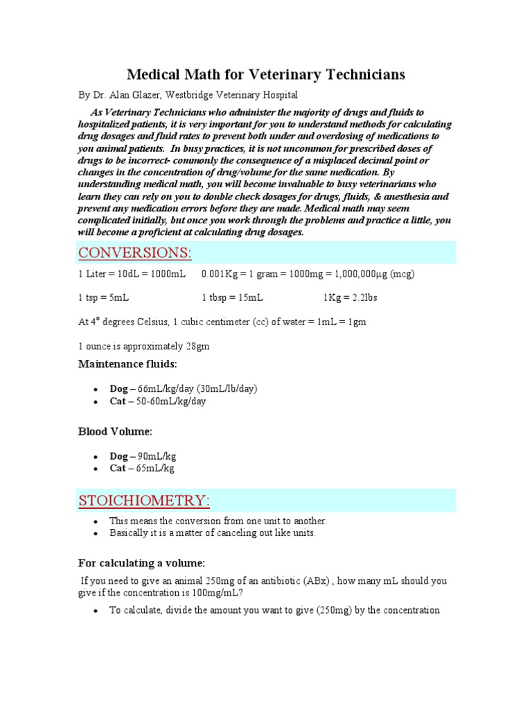 Veterinary Technicians Guide to Medical Math | PDF | Dose (Biochemistry ...