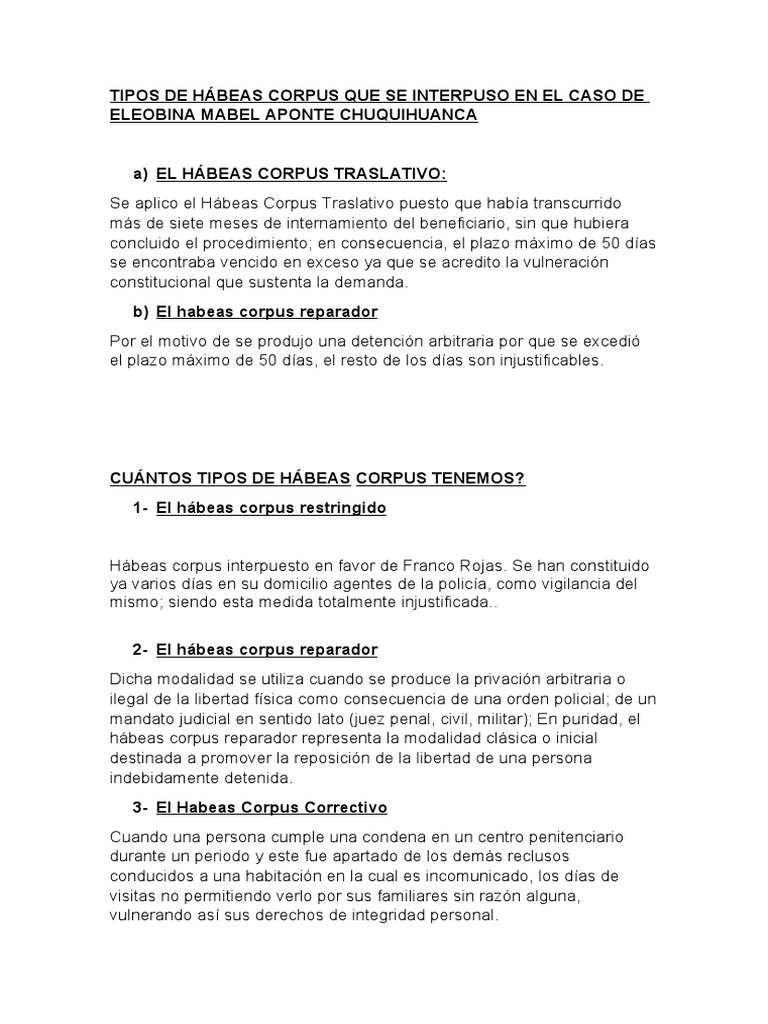 Tipos de Hábeas Corpus Que Se Interpuso en El Caso de Eleobina Mabel Aponte Chuquihuanca | PDF ...