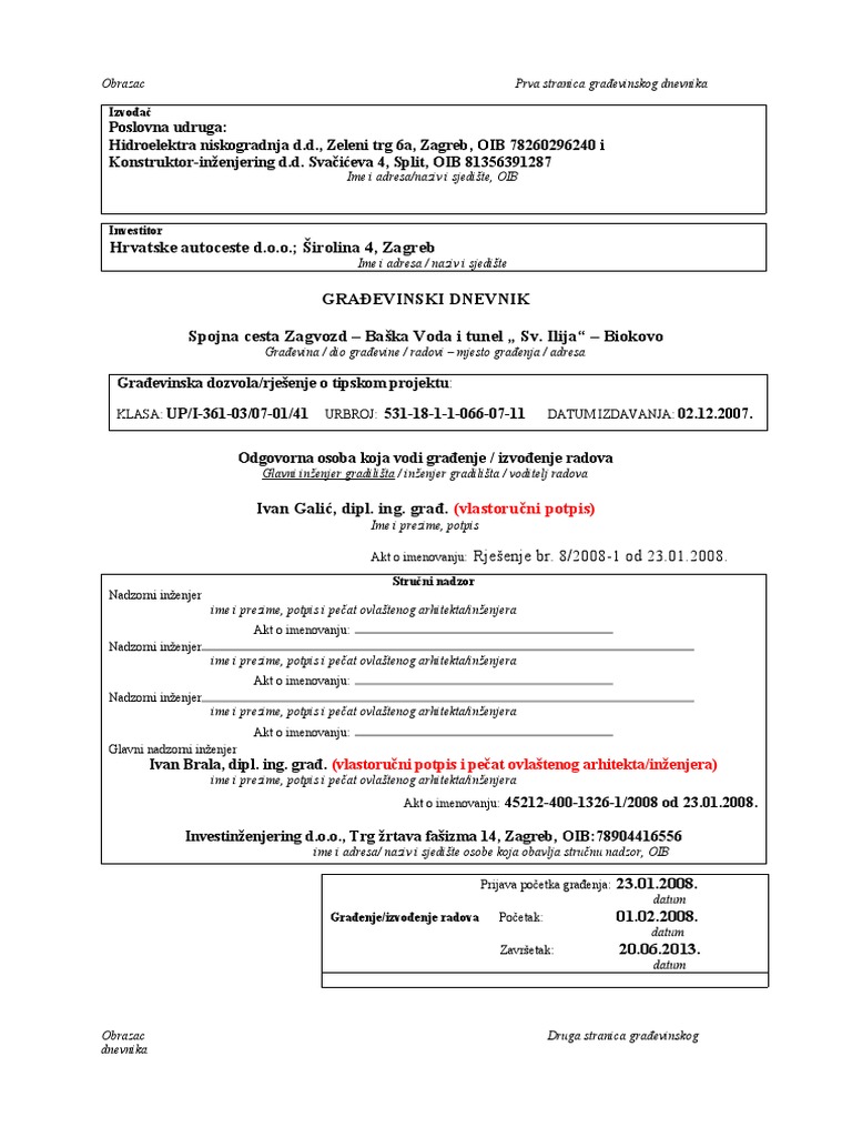 Građevinski Dnevnik - Popunjeni Obrazac | PDF