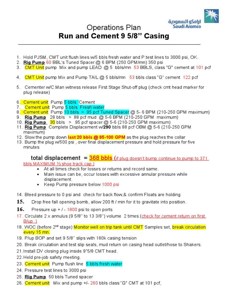 9 5/8" Casing Cementing Plan | PDF | Casing (Borehole) | Hydraulics