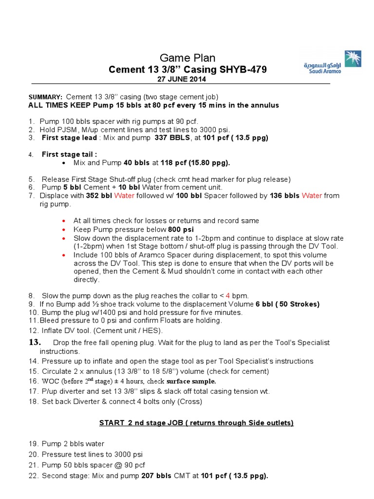 13.375 in Casing Cement Ops Plan | PDF | Casing (Borehole) | Pump
