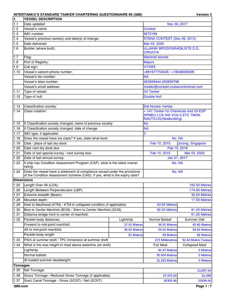 Intertanko'S Standard Tanker Chartering Questionnaire 88 (Q88) 1 ...