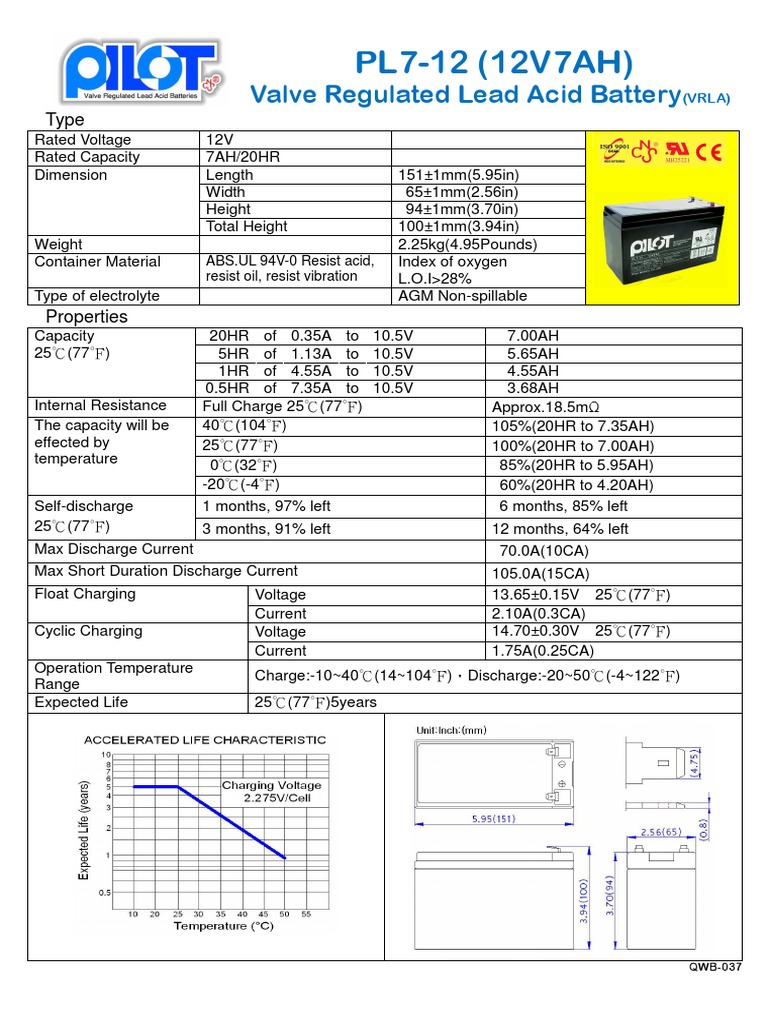 PL7-12 (12V7AH) : Valve Regulated Lead Acid Battery | PDF | Energy ...