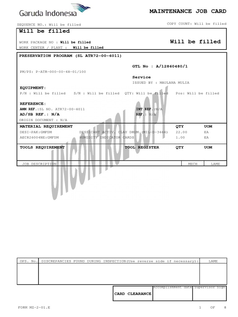 Will Be Filled Will Be Filled: Maintenance Job Card | PDF | Flight ...