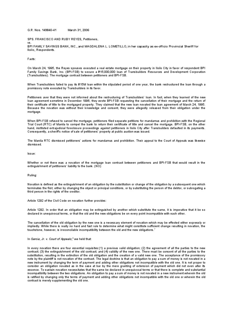 SPS REYES v. BPI FAMILY SAVINGS BANK | PDF | Loans | Mortgage Law