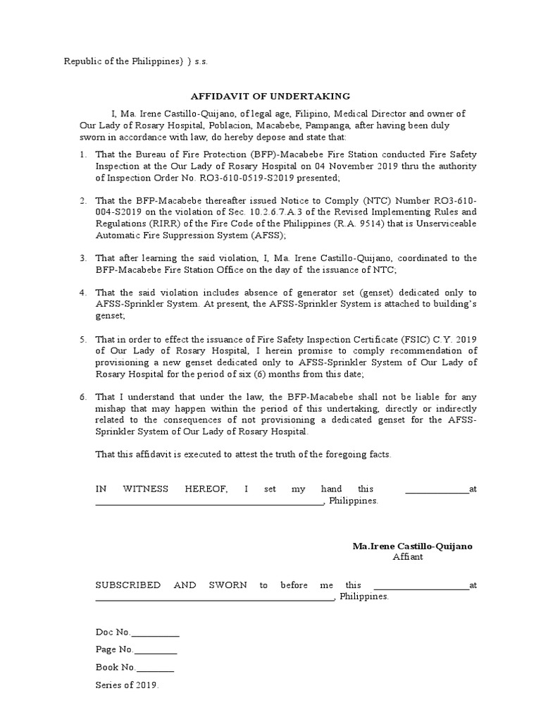Affidavit of Undertaking | PDF | Affidavit | Fire Safety