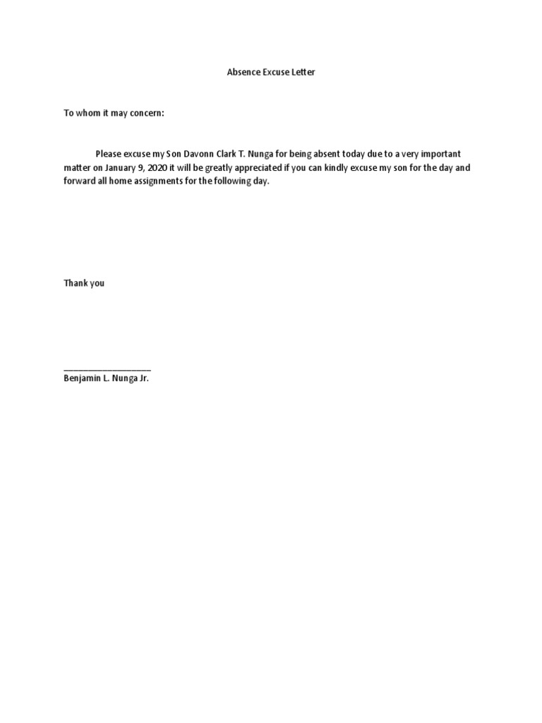 Absence Excuse Letter | PDF