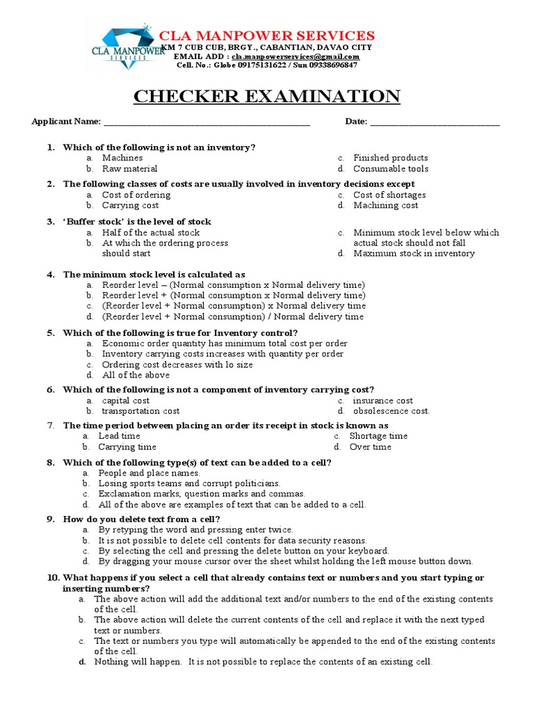 Checker Written Exam | Download Free PDF | Inventory | Business
