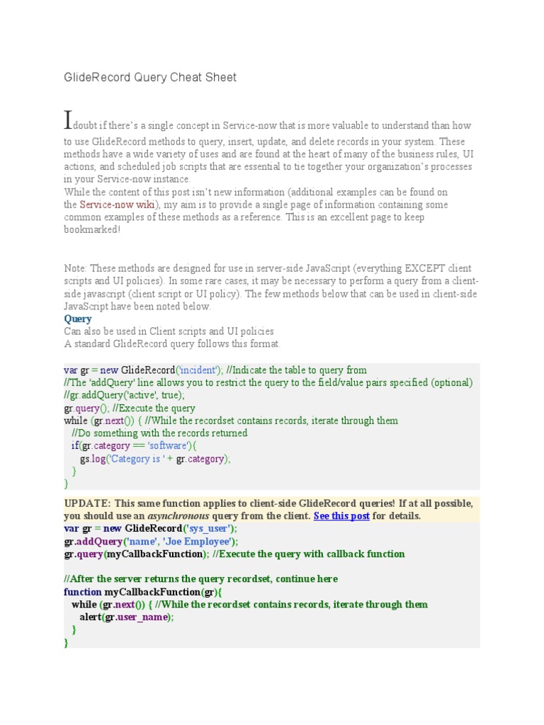 GlideRecord Query Cheat Sheet | PDF | Software Engineering | Information Science