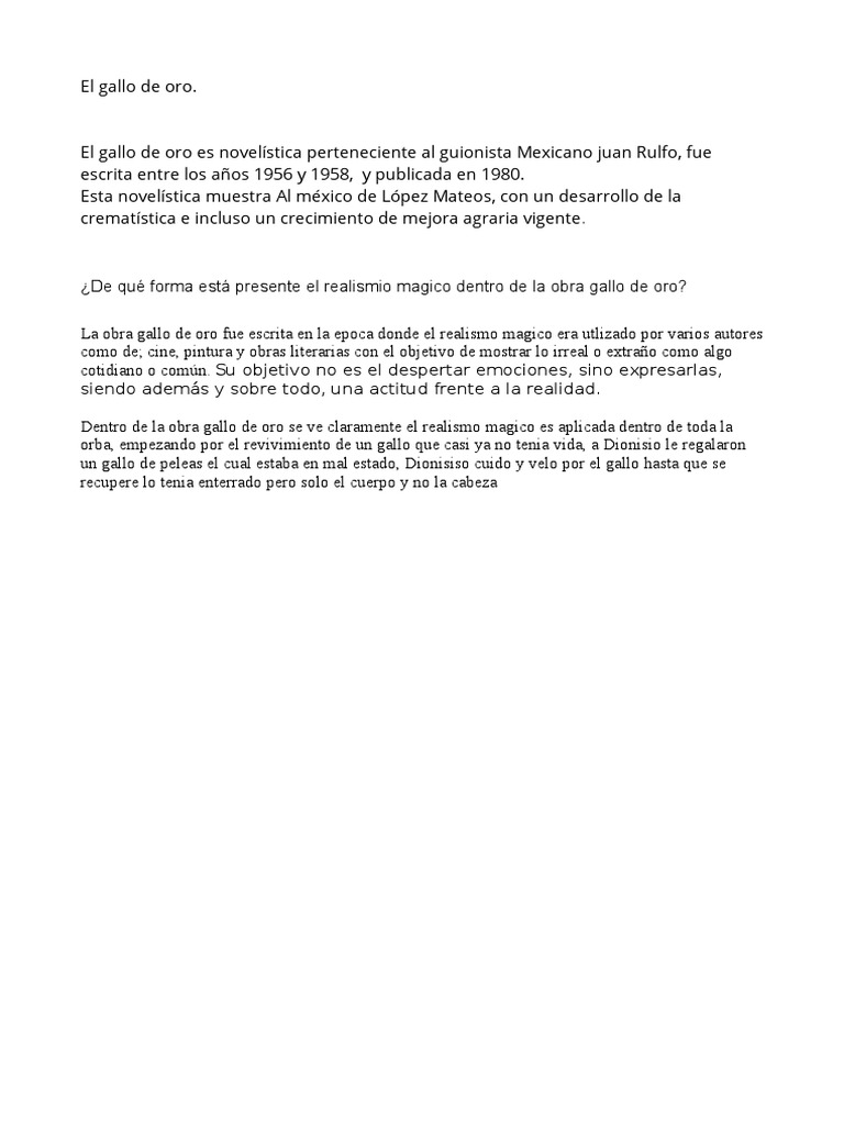 El realismo mágico en El gallo de oro | PDF