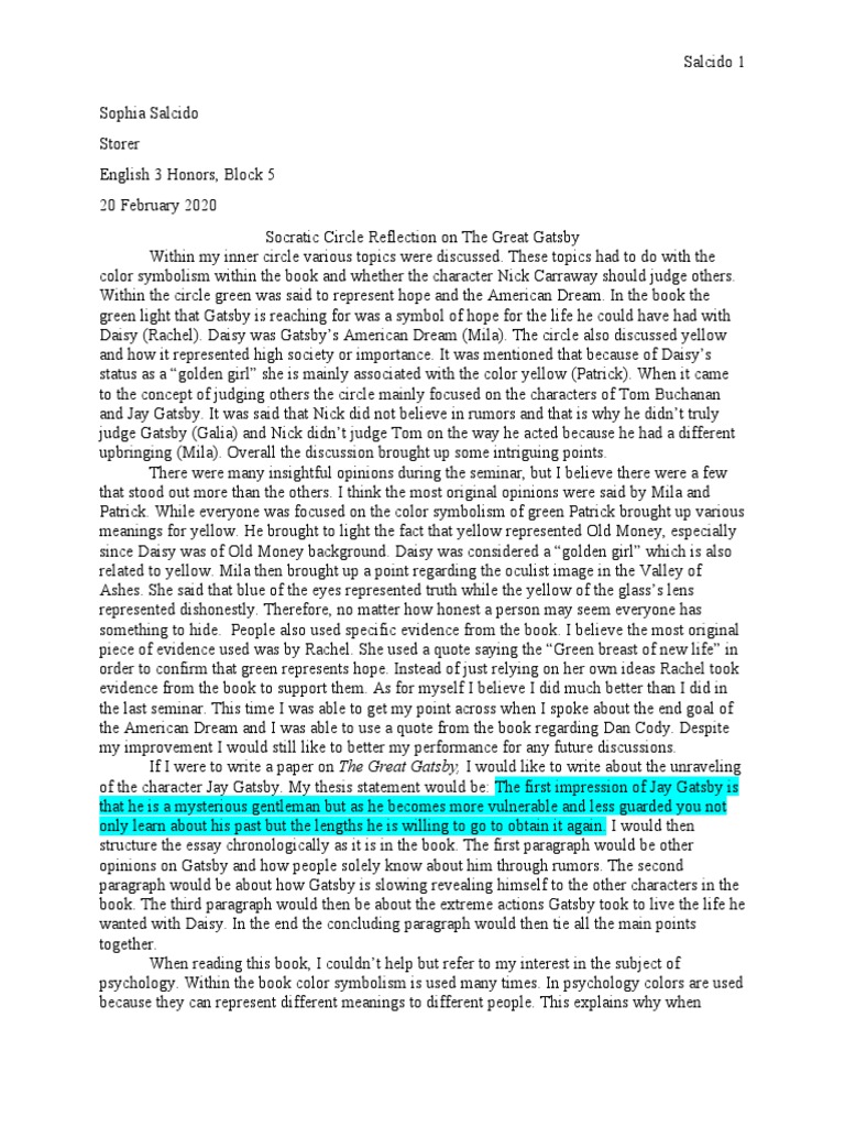 The Great Gatsby Socratic Seminar Reflection | PDF | The Great Gatsby