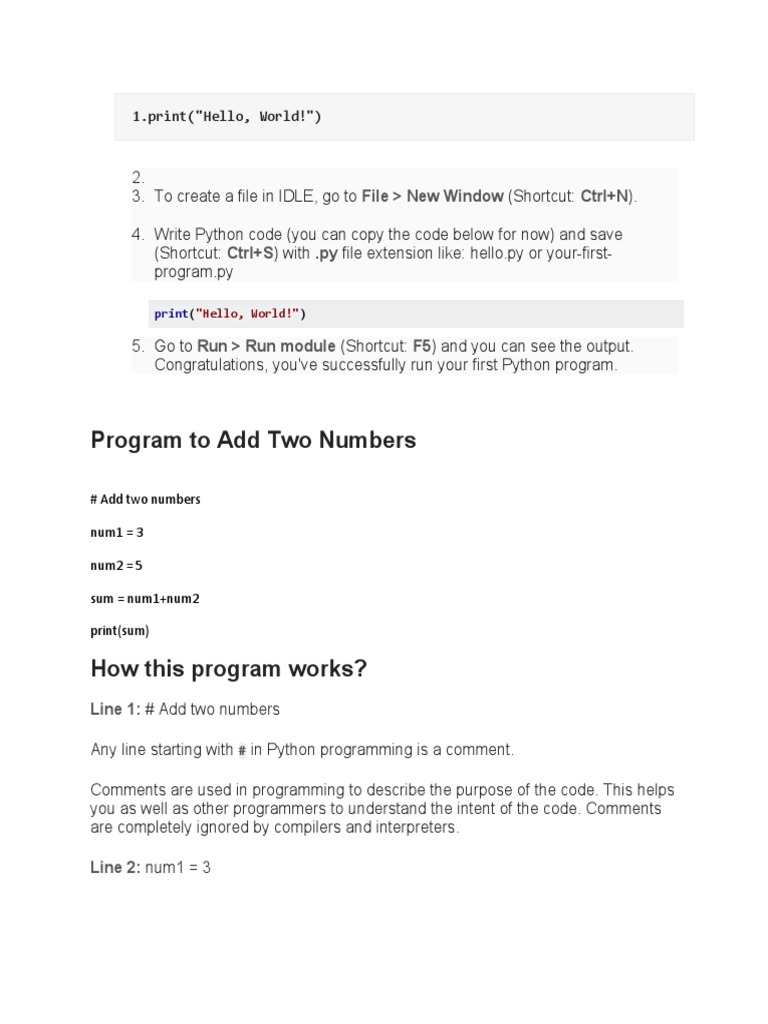 Program To Add Two Numbers: File New Window CTRL+N | PDF | String (Computer Science) | Control Flow