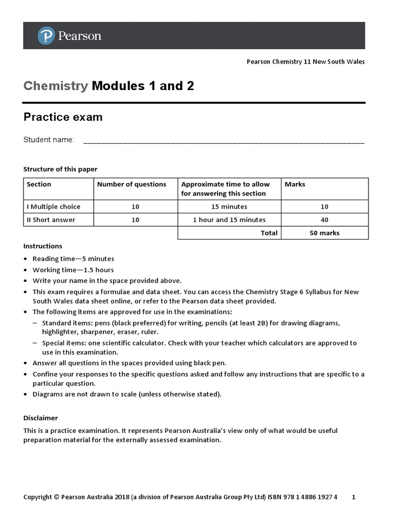 Pearson Chemistry 11 - Modules 1 and 2 Practice Exam | PDF | Periodic ... Pearson Chemistry 11 - Modules 1 and 2 Practice Exam | PDF | Periodic ...