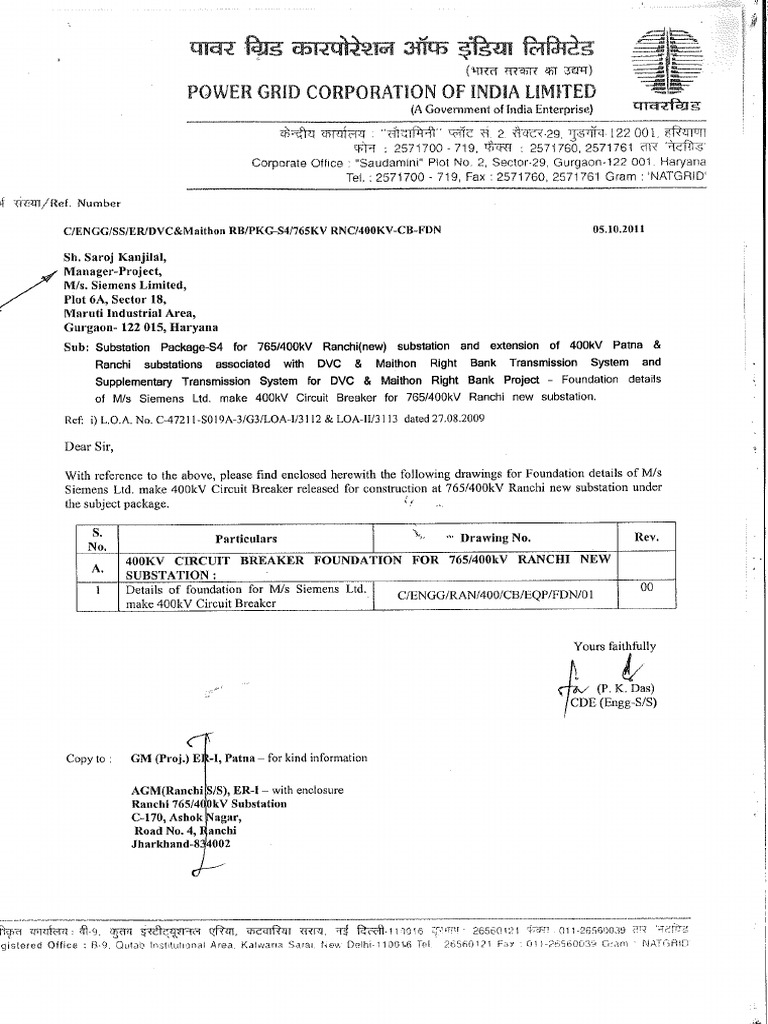 PGCIL Letter & Foundation Drawing For 400kV CB | PDF