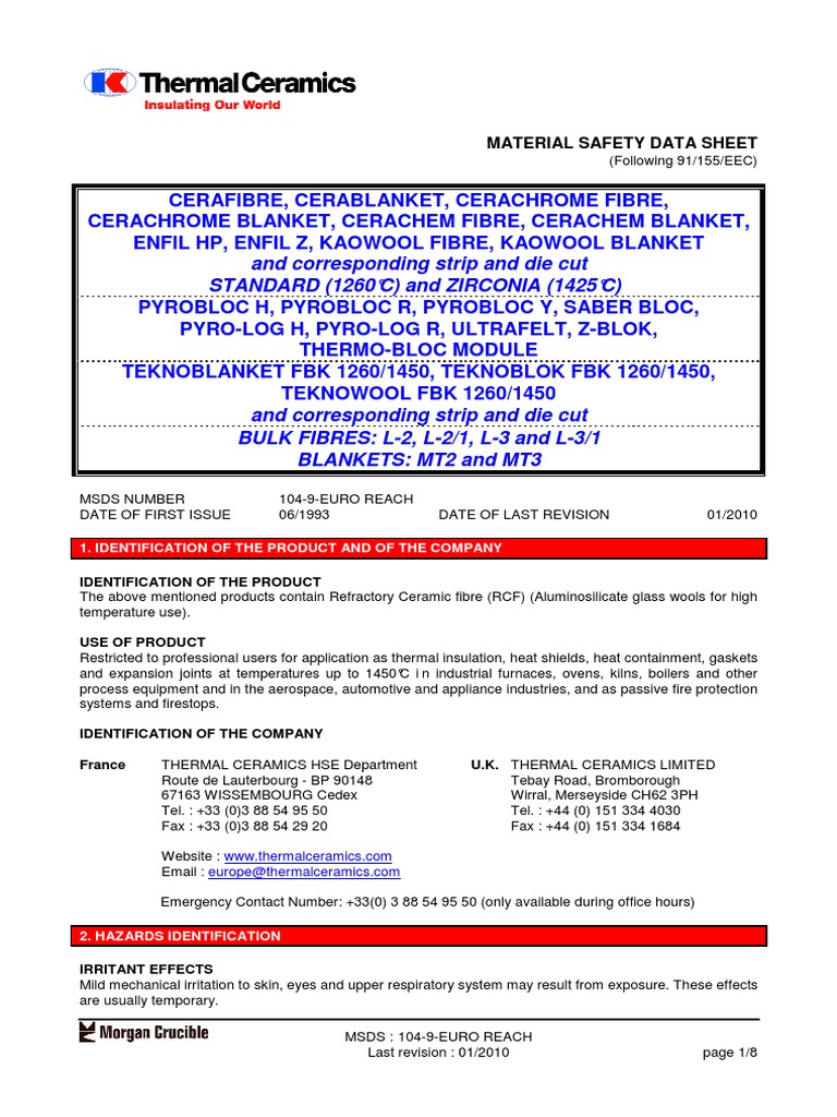 Kaowool and Cerablanket MSDS Overview | PDF | Dust | Silicon Dioxide