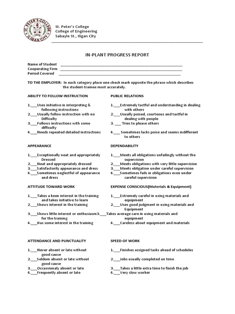 St. Peter's College OJT Progress Report | PDF | Business