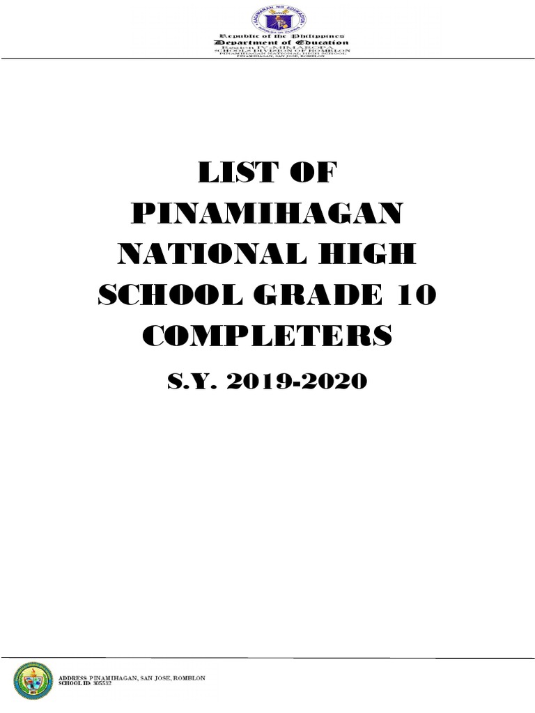 List of Pinamihagan National High School Grade 10 Completers | PDF
