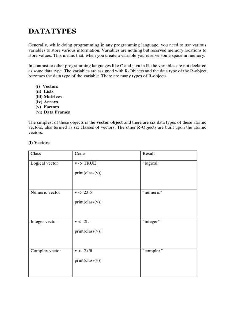 Datatypes: (I) Vectors (Ii) Lists (Iii) Matrices (Iv) Arrays (V) Factors (Vi) Data Frames | PDF