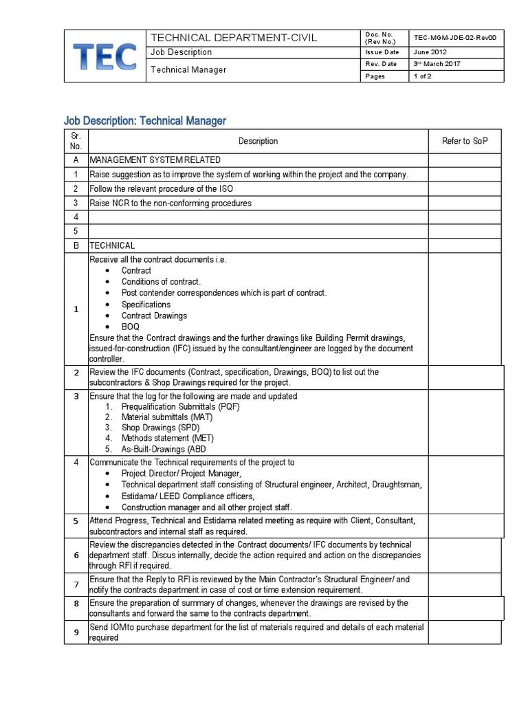 Technical Manager Job Description | PDF | Design | Economic Sectors