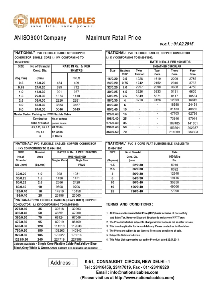 Price List 22042013 National Cables | PDF | Wire | Electrical Conductor