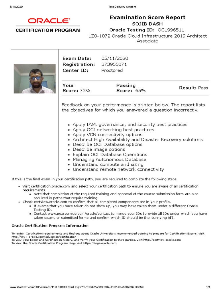 Examination Score Report: Sojib Dash Oracle Testing ID: OC1996511 | PDF ...
