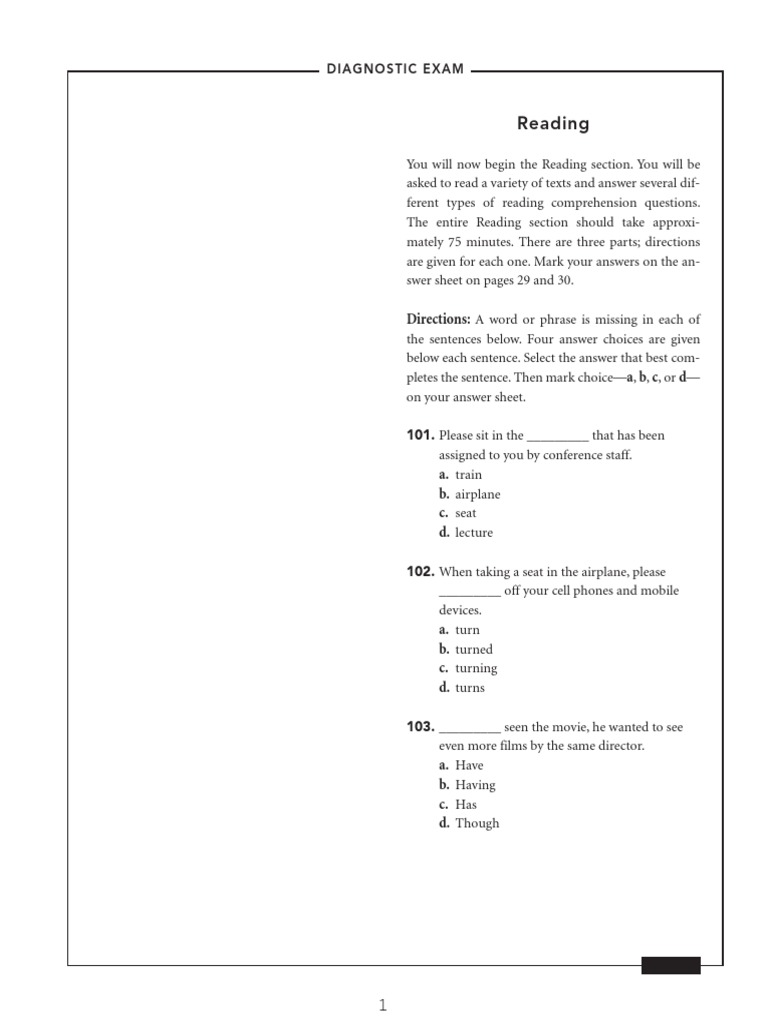 Reading Comprehension Diagnostic Exam | PDF