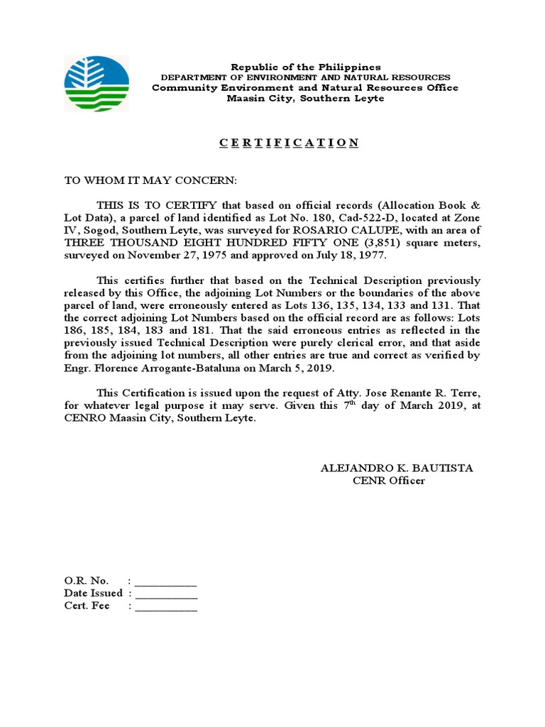 Certification of Erroneous Entry | PDF