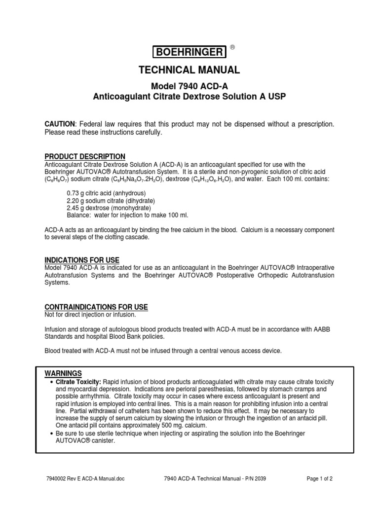 Boehringer Technical Manual: Model 7940 ACD-A Anticoagulant Citrate ...