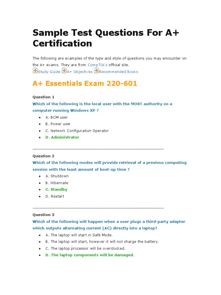 Sample Test Questions For A | PDF | Laptop | Printer (Computing)