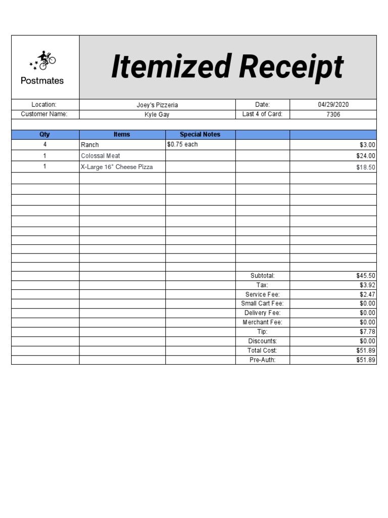 Joey's Pizzeria - Receipt Request Template | PDF
