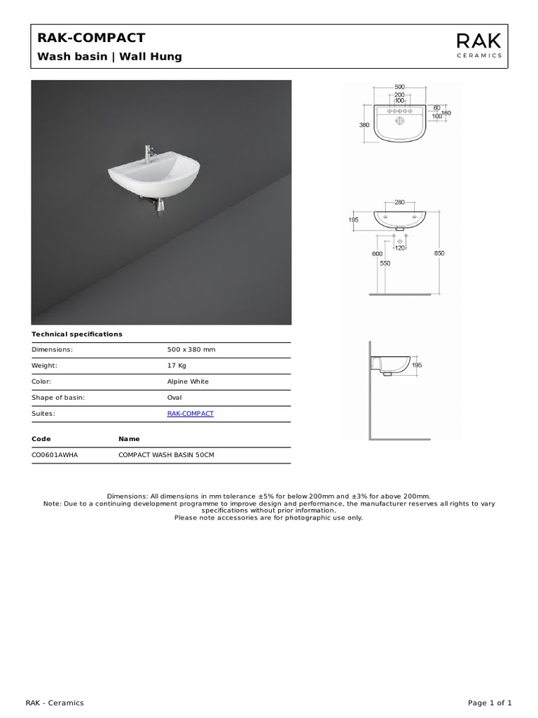 Rak Compact Wash Basin Wall Hung 50cm | PDF