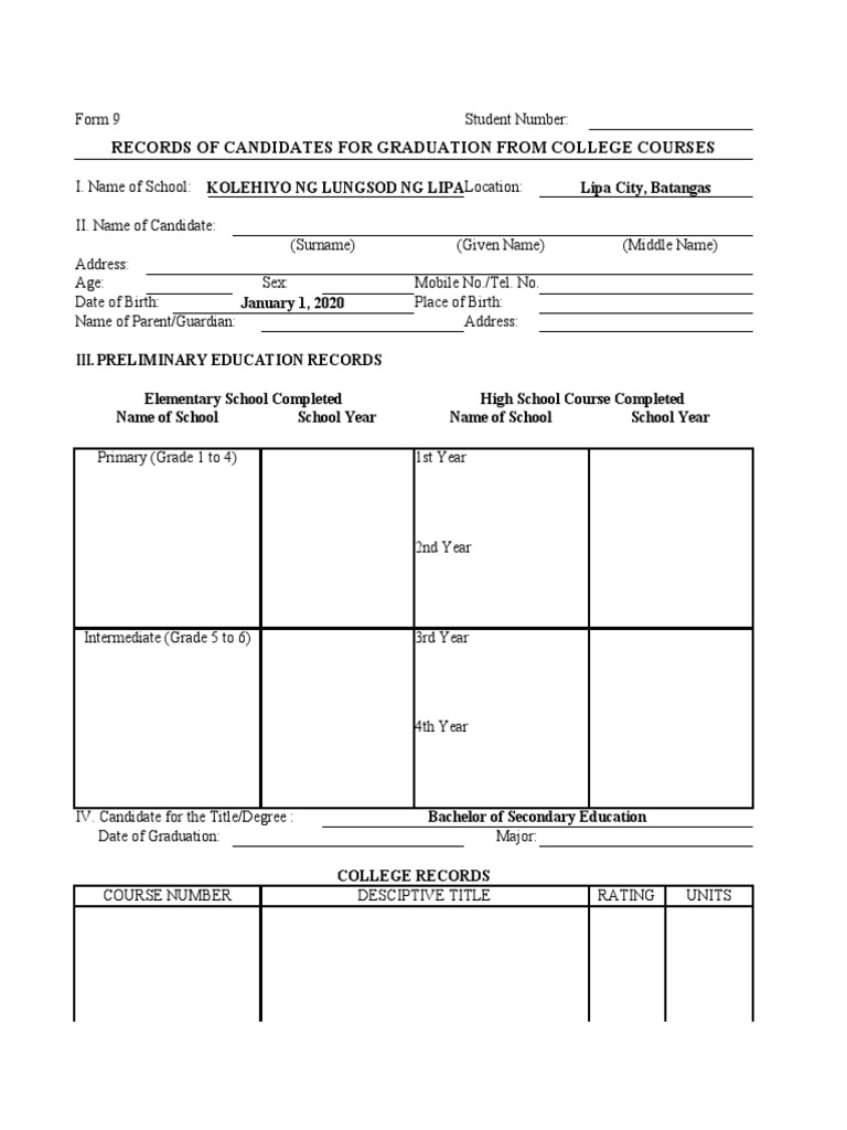 Records of Candidates For Graduation From College Courses: Lipa City ...