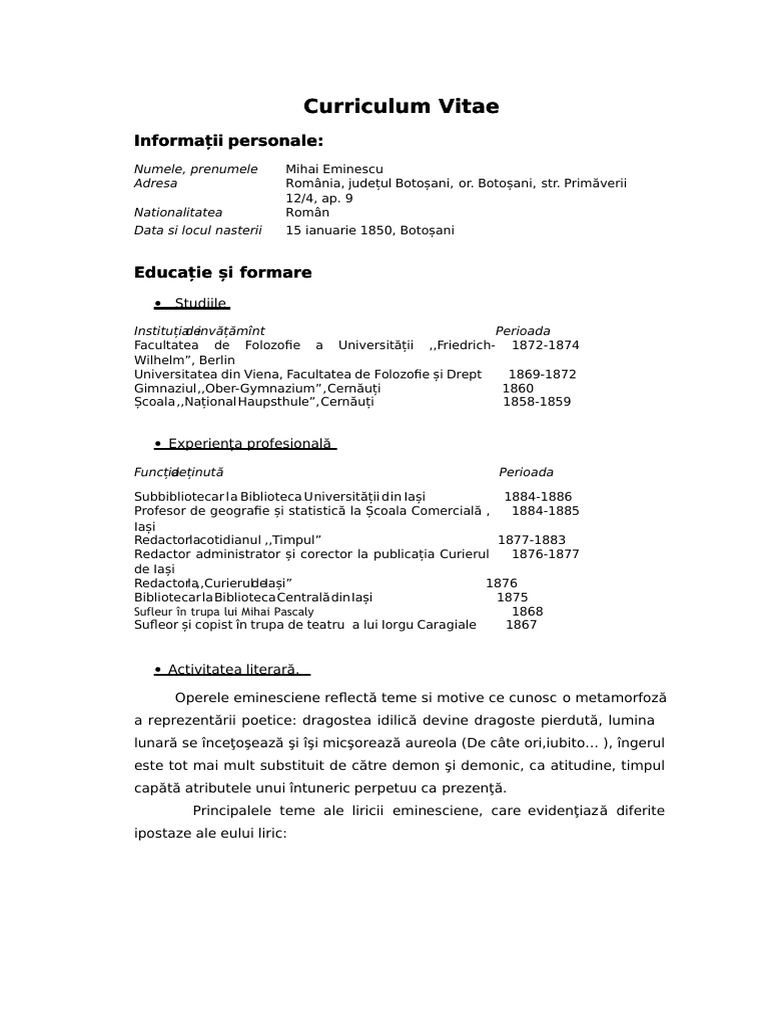 CV Mihai Eminescu | PDF