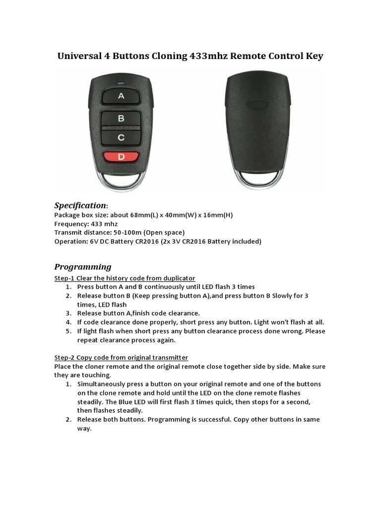 Universal 4 Buttons Cloning 433mhz Remote Control Key | PDF
