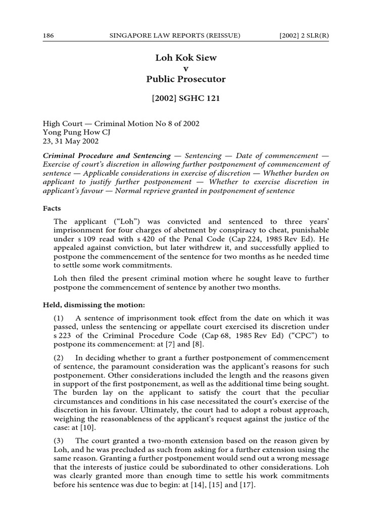 Loh Kok Siew (2002) 2 SLR (R) 0186 | PDF | Bail | Sentence (Law)
